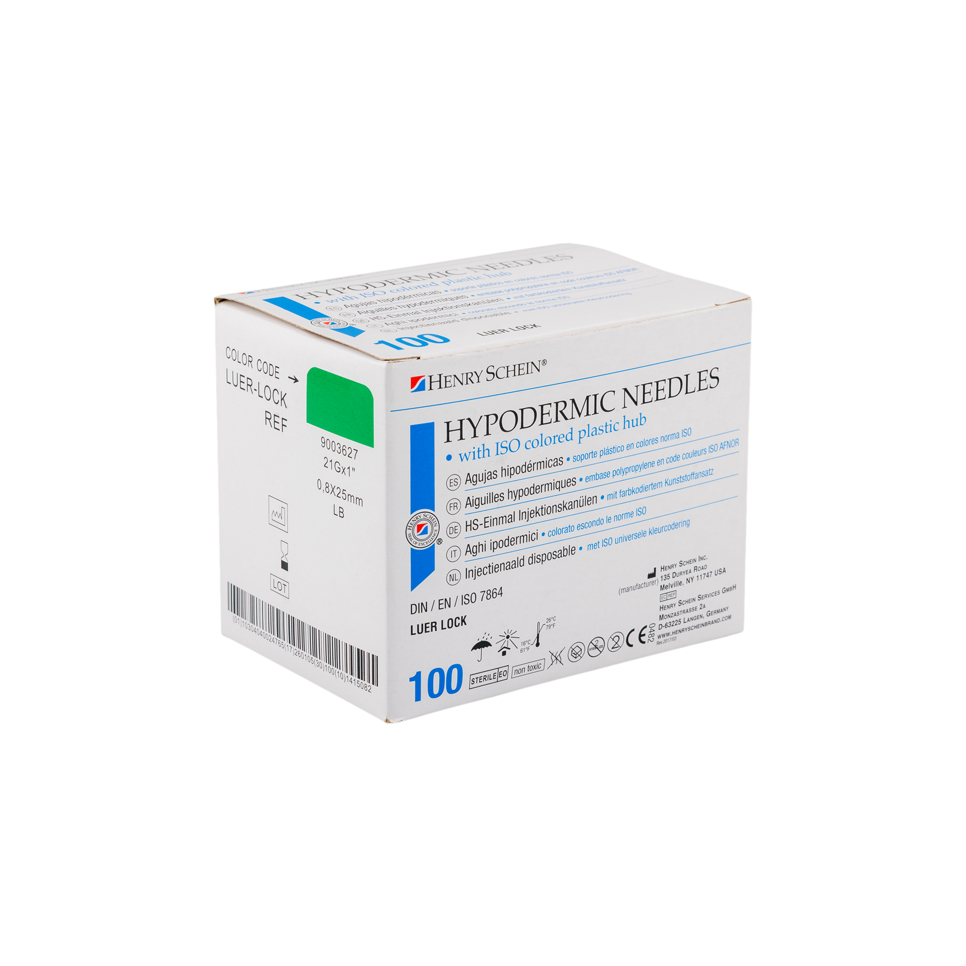 Henry Schein HS Hypodermic Needle Long Bevel Luer Lock 21G Green 0.8 x ...